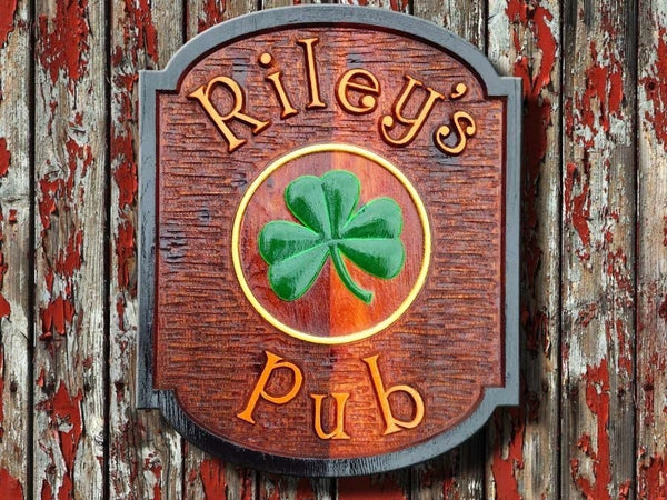 Personalized Cedar Bar Sign with shamrock – The Carving Company